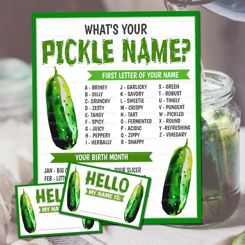 What's Your Pickle Name Game With Name Tags and Sign, Pickle Party ...