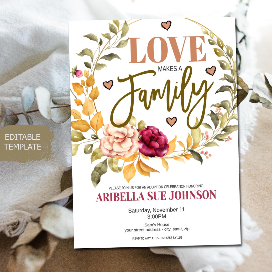 Love Makes a Family Editable Adoption Invite Template, Printable ...