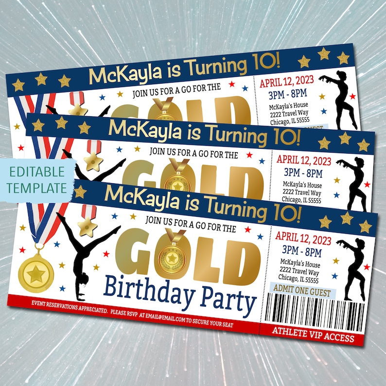 Gold Medal Theme Gymnastics Party Ticket Invite, Kids Sports Birthday ...