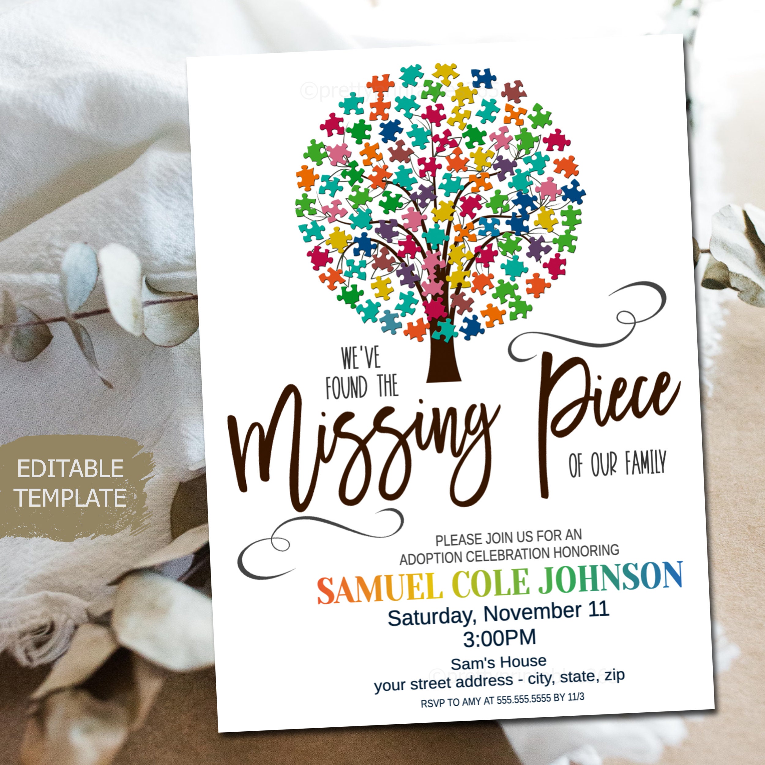 Missing Piece Family Tree Editable Adoption Invite Template, Printable ...