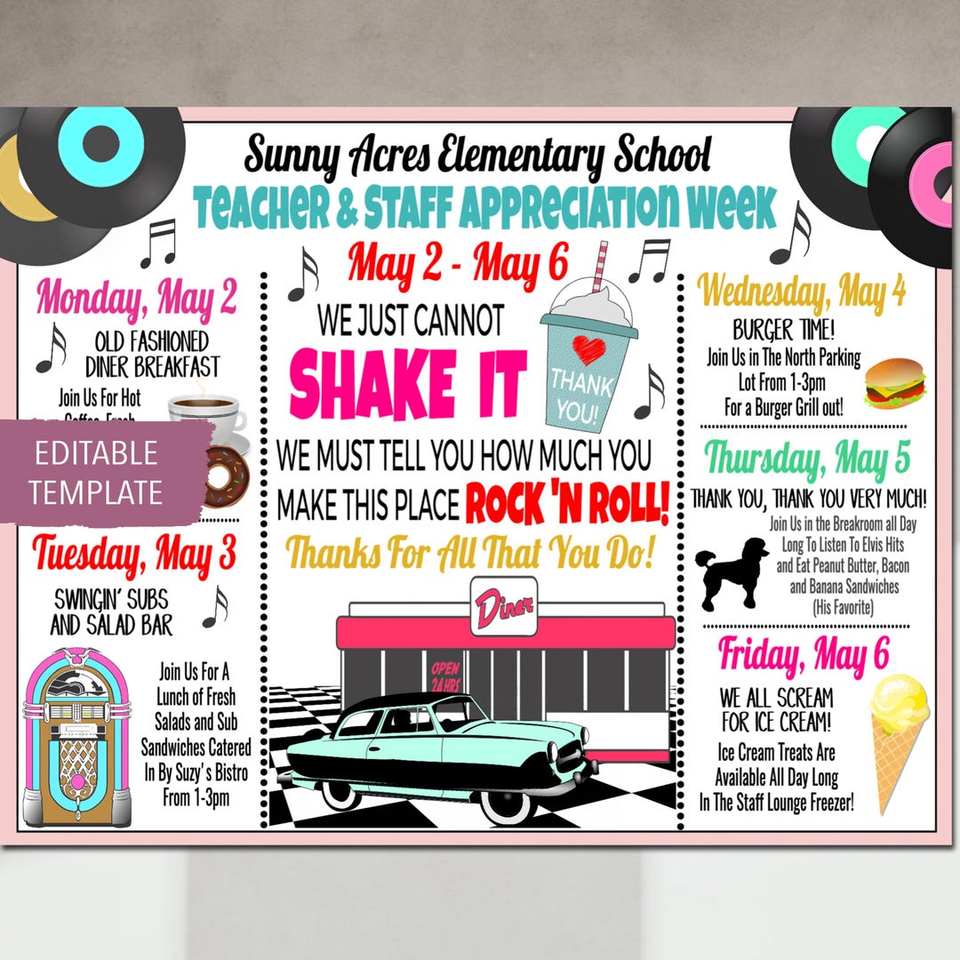 1950's Diner Themed Teacher Appreciation Week Itinerary Flyer, 1950s ... 1950's Diner Themed Teacher Appreciation Week Itinerary Flyer, 1950s ...