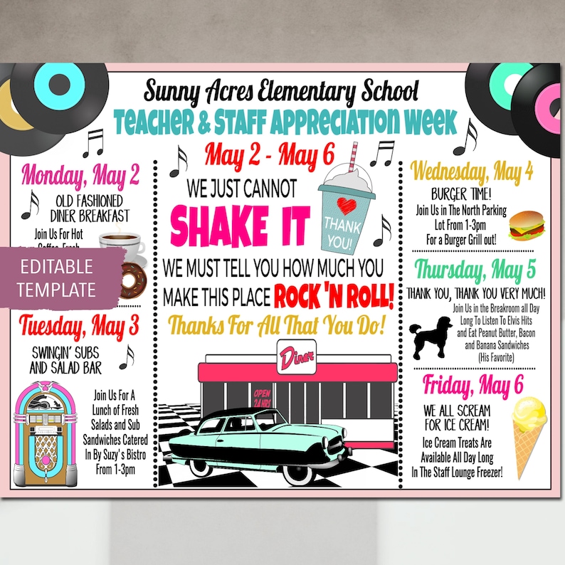 1950's Diner Themed Teacher Appreciation Week Itinerary Flyer, 1950s ...