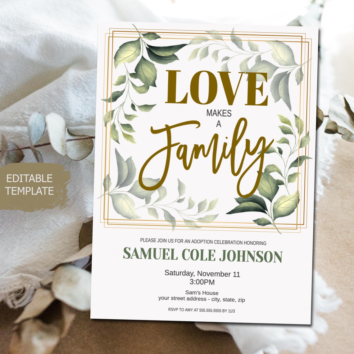 Love Makes a Family Editable Adoption Invite Template, Printable ...