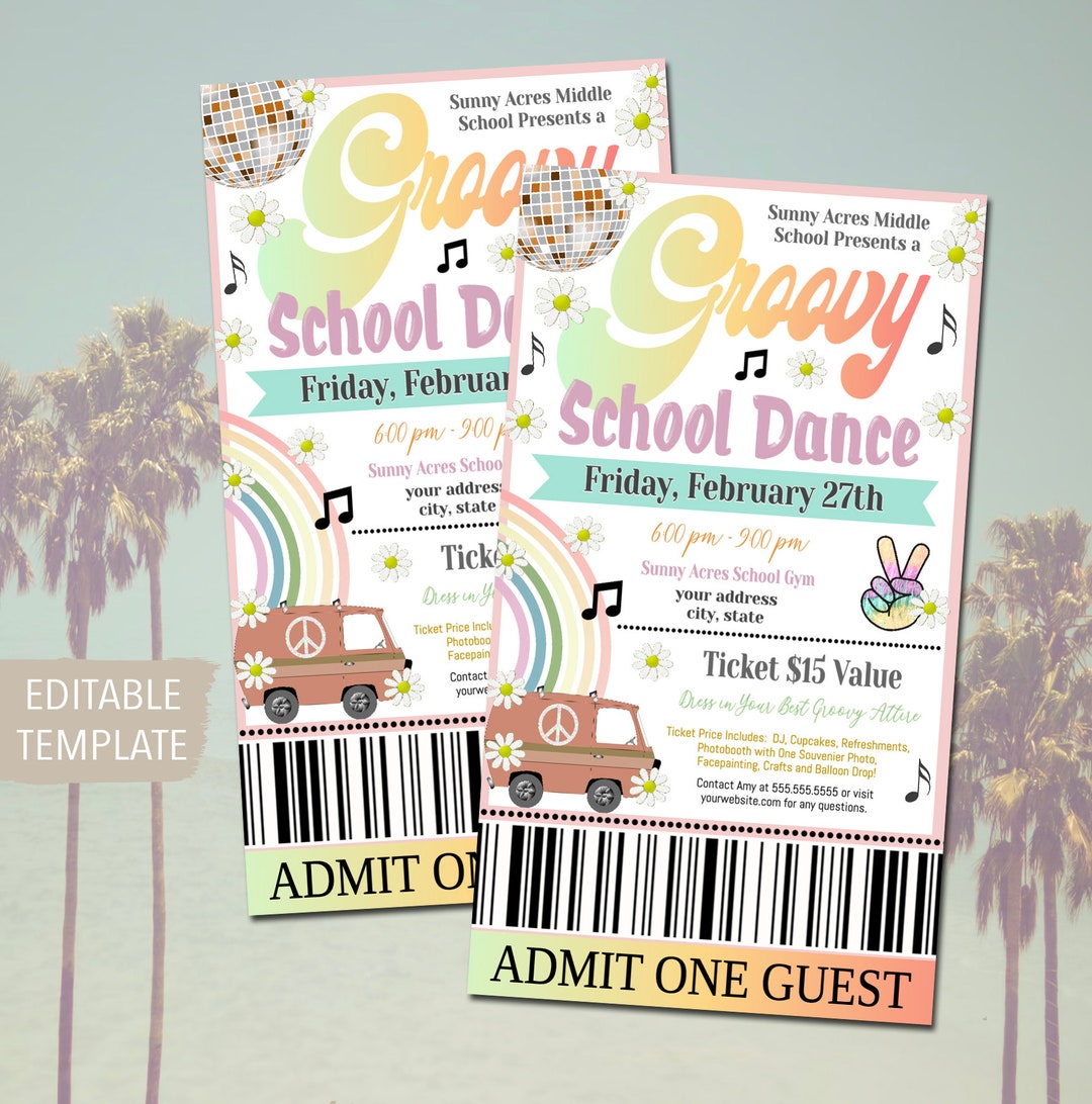 Groovy Retro Dance Theme Ticket Template Printable High School Formal ...