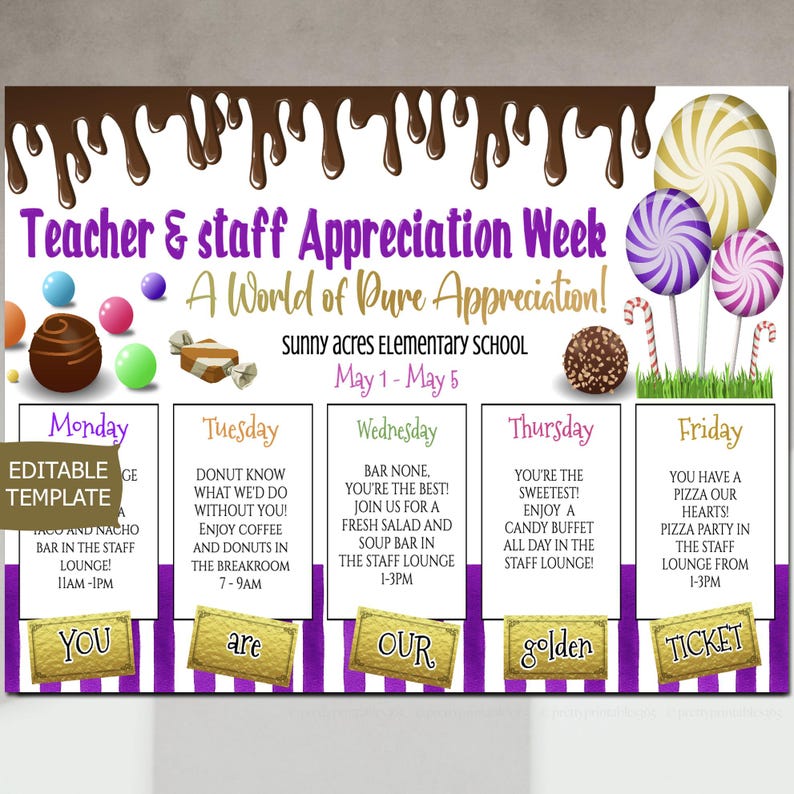 EDITABLE Teacher Appreciation Week Itinerary, Chocolate Candy Sweet ...