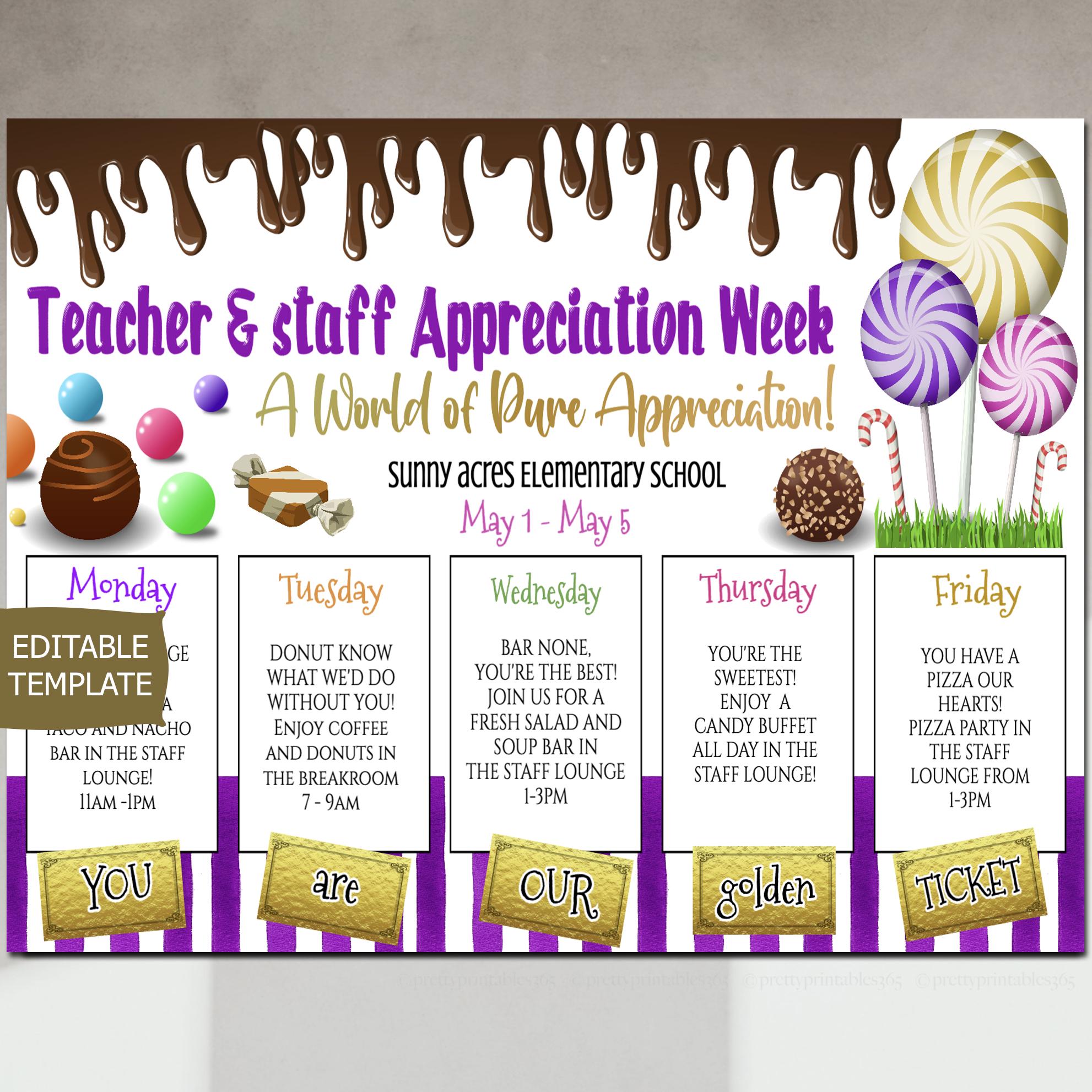EDITABLE Teacher Appreciation Week Itinerary, Chocolate Candy Sweet ...