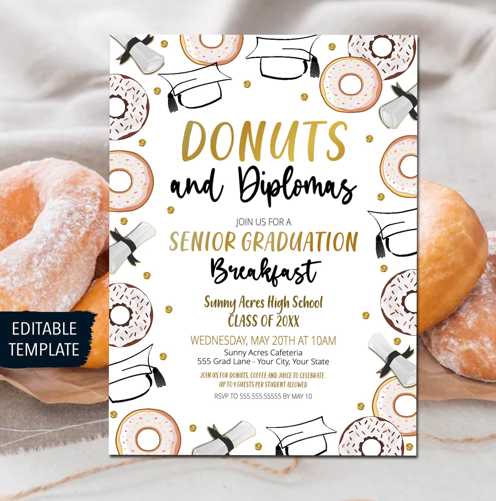Donuts and Diplomas Graduation Invite Template, Printable Editable ...
