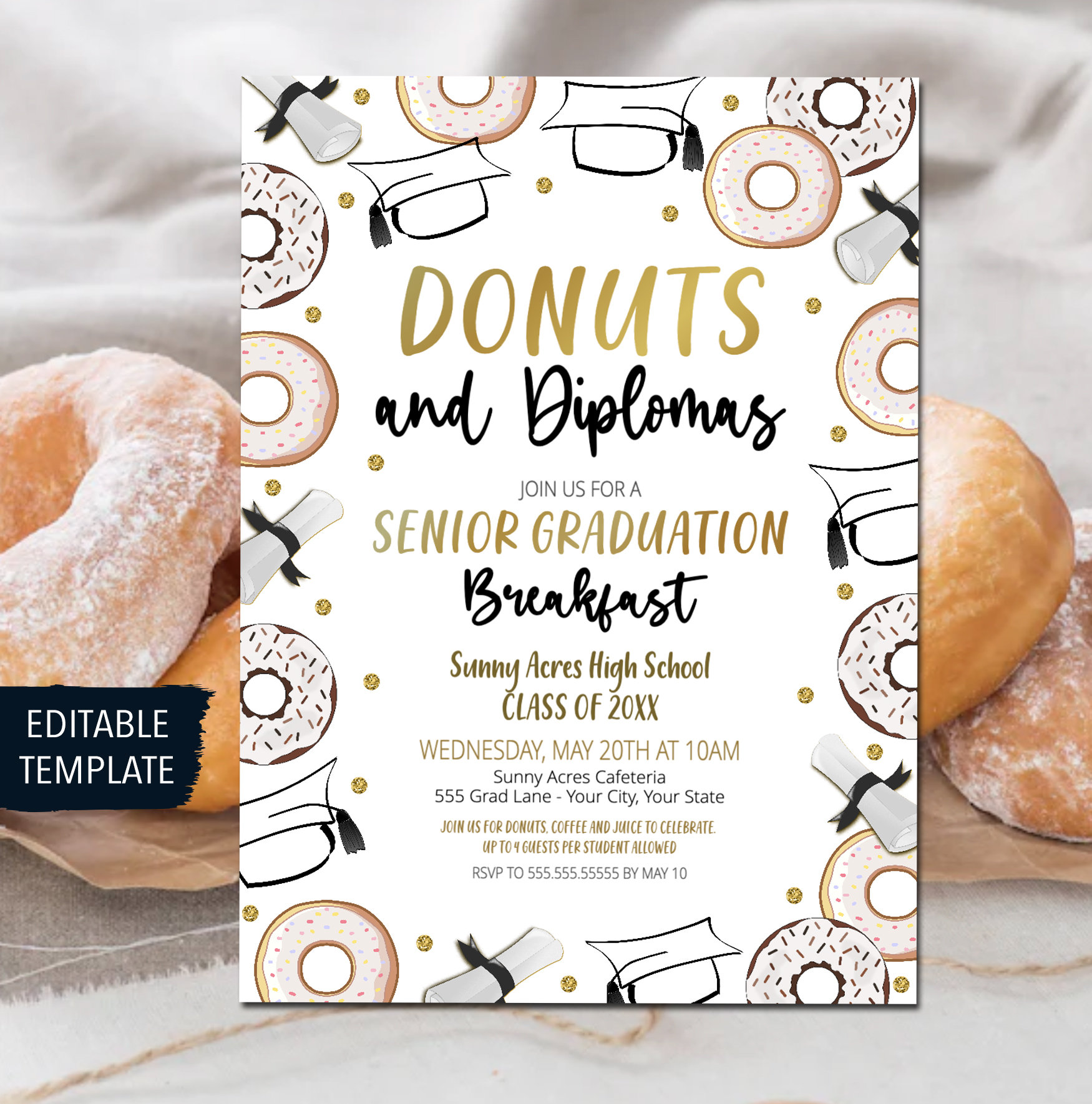 Donuts and Diplomas Graduation Invite Template, Printable Editable ...