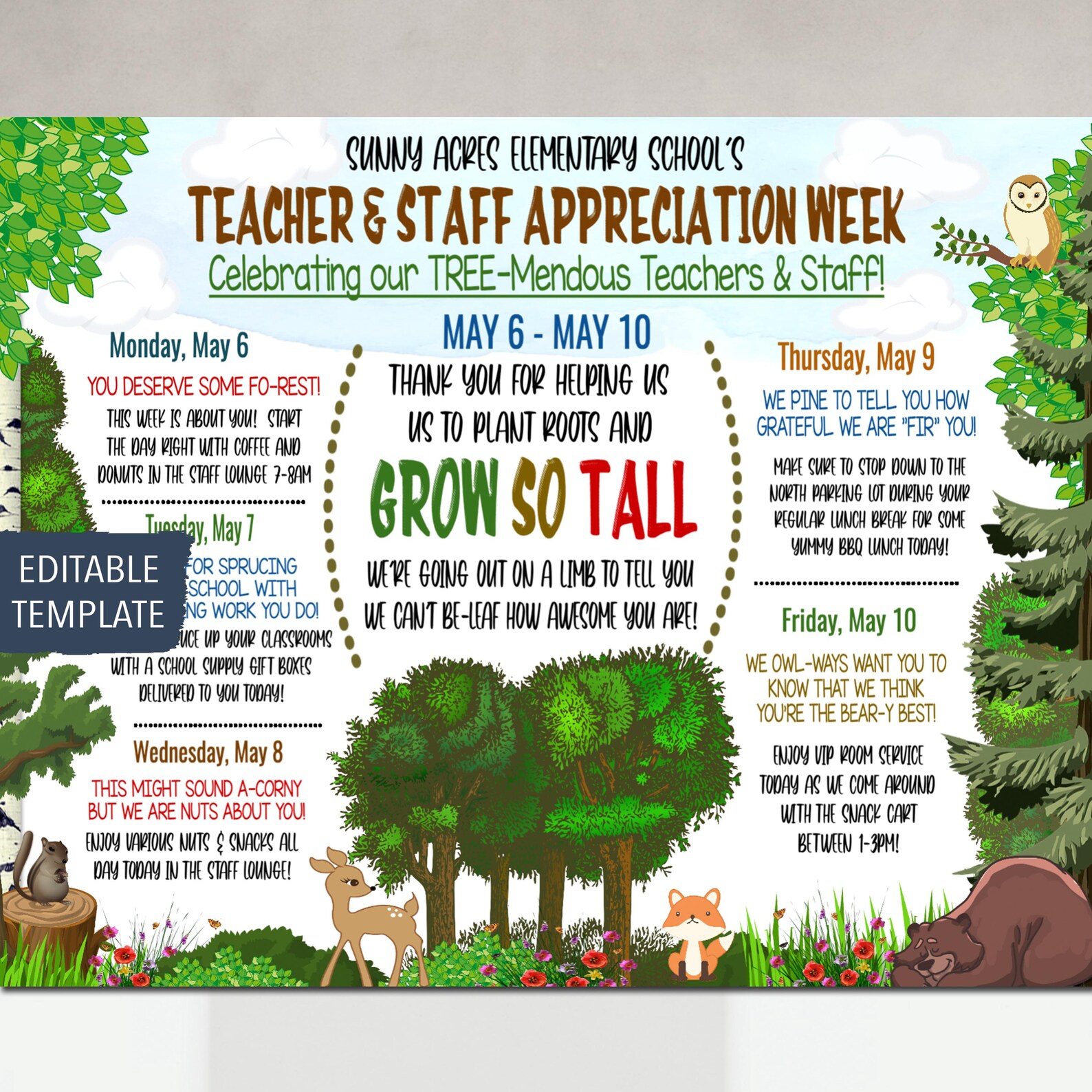 Woodland Forest Themed Teacher Appreciation Week Itinerary Poster ...