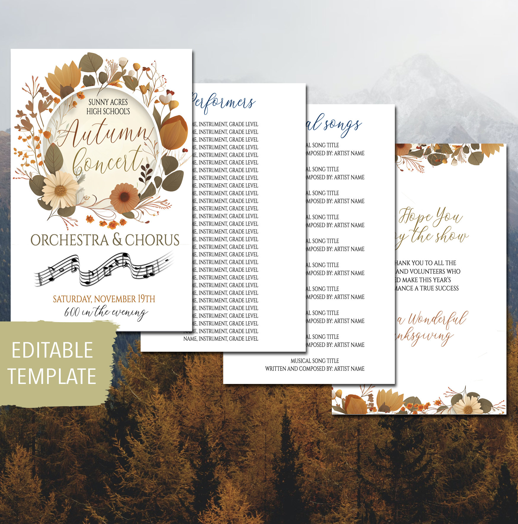 Fall Concert Program Template, Printable High School Autum Concert ...