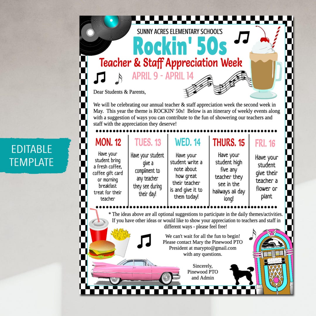 50s Diner Theme Teacher Appreciation Week Itinerary Retro Old School ...