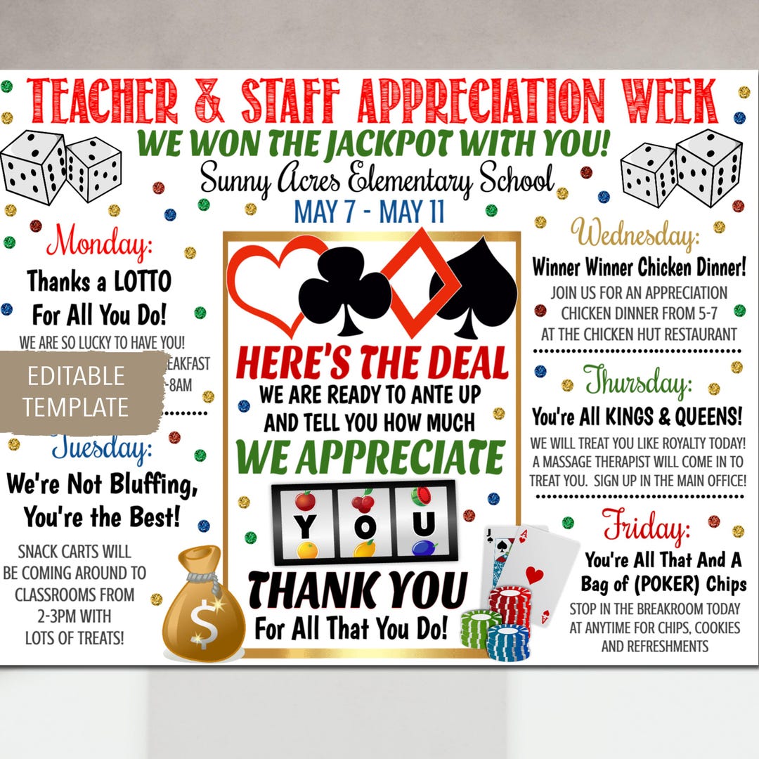 Casino Themed Teacher Appreciation Week Itinerary Poster Printable ...