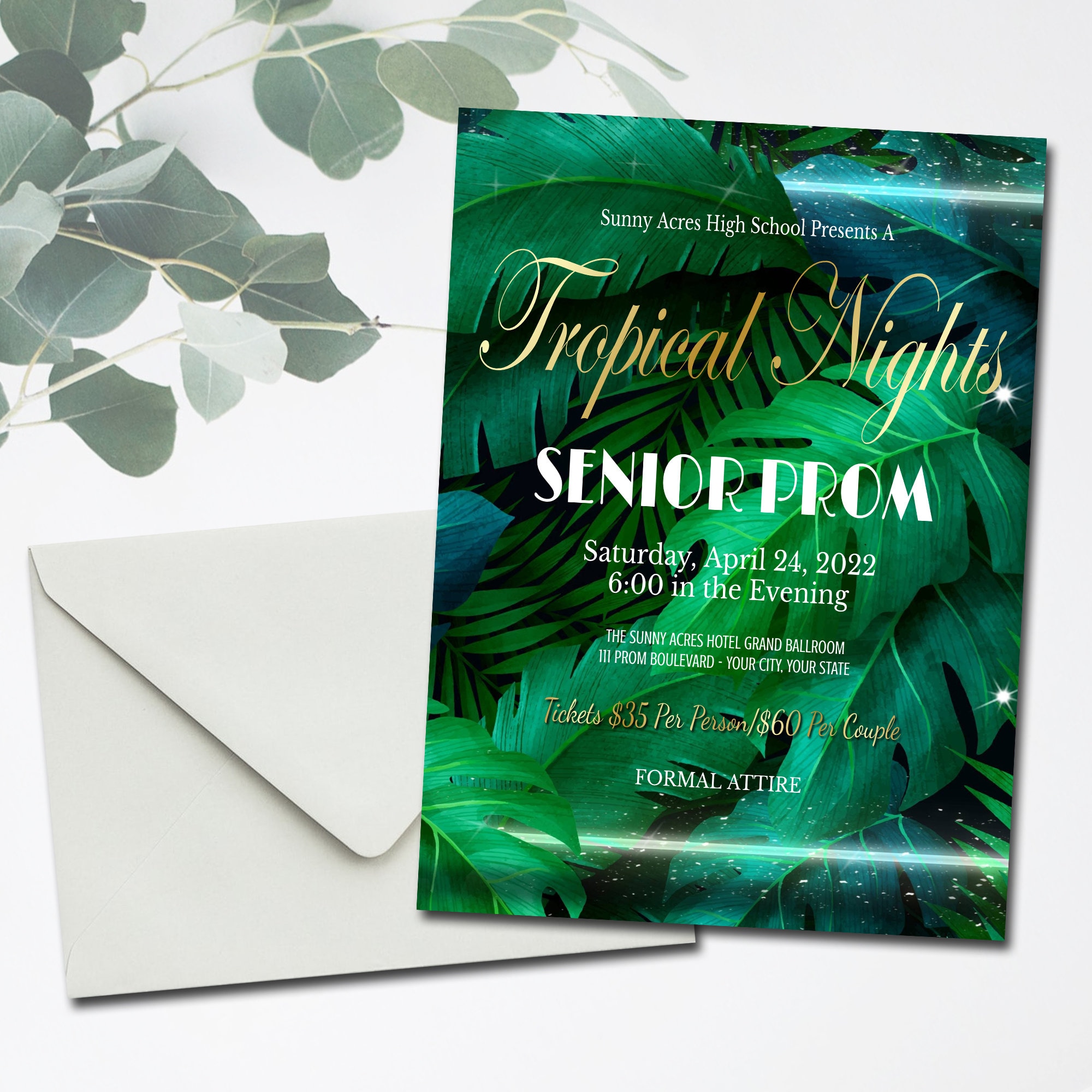 Tropical Nights Prom Invite Template, Printable Editable, High School ...