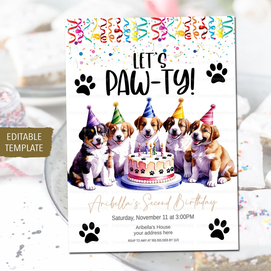 Puppy Party Birthday Party Invitation Template, Let's Paw-ty Theme ...