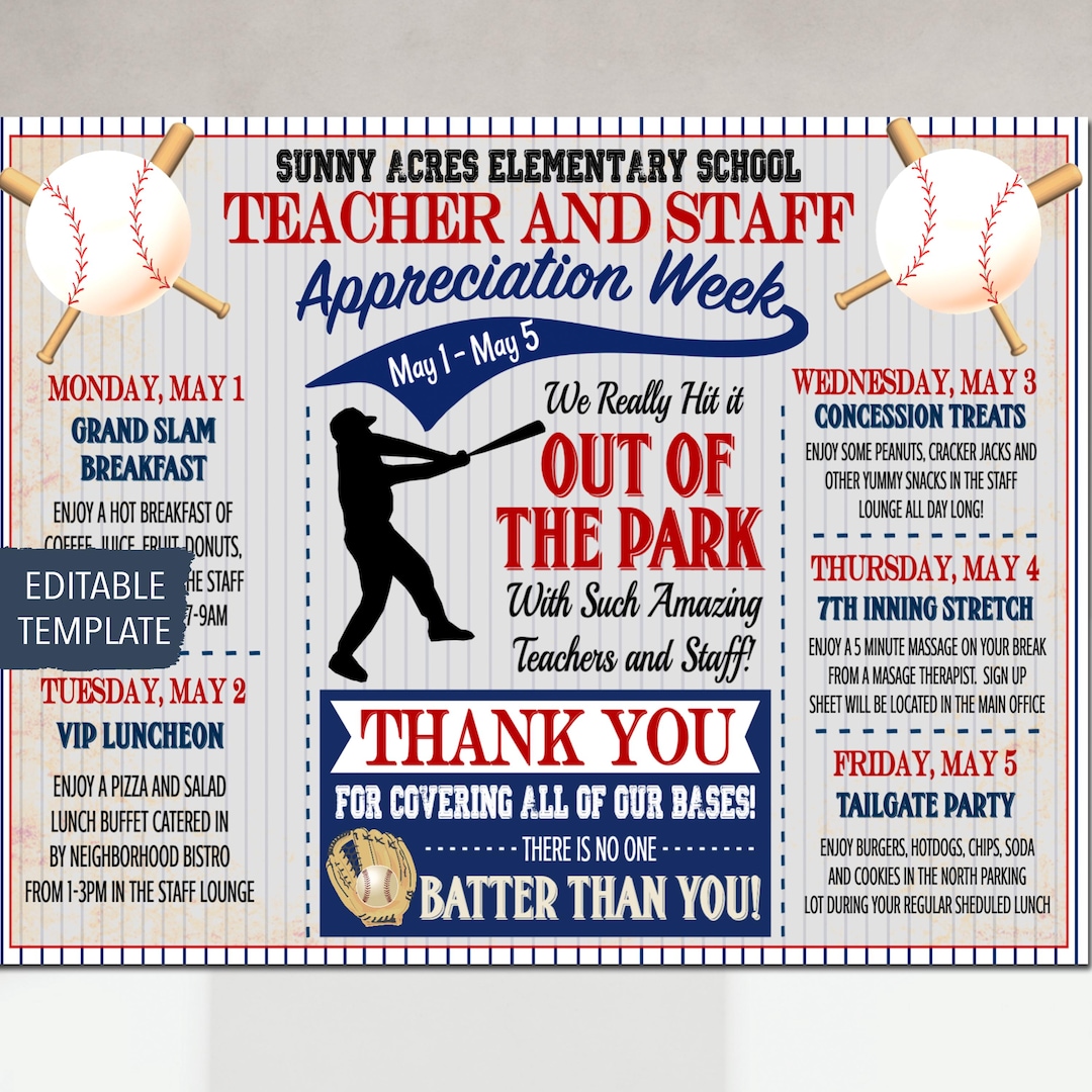 Baseball Themed Teacher Appreciation Week Itinerary Poster Printable ...