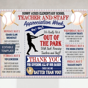 Baseball Themed Teacher Appreciation Week Itinerary Poster Printable ...