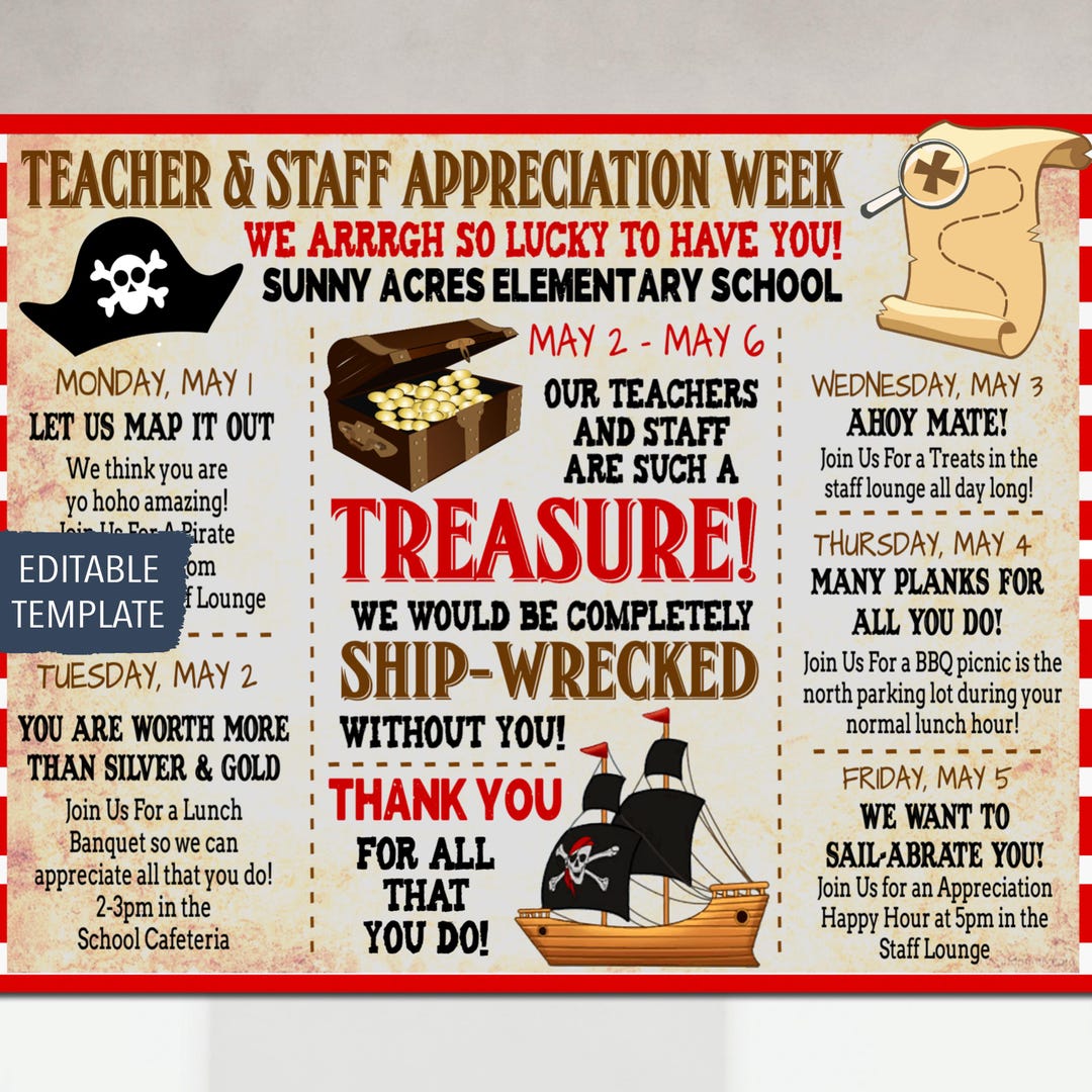 Pirate Themed Teacher Appreciation Week Itinerary Poster Printable ...