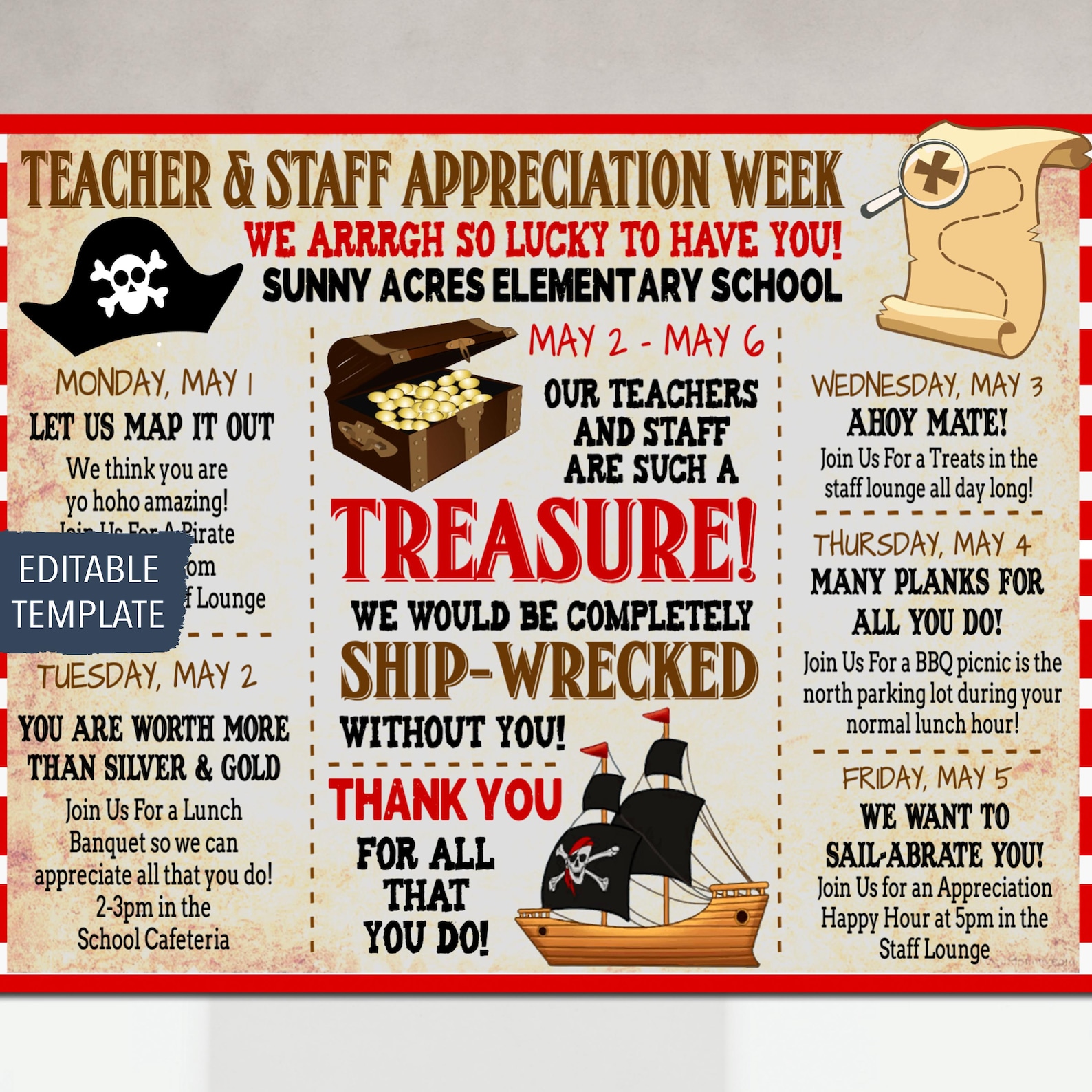 Pirate Themed Teacher Appreciation Week Itinerary Poster Printable ...