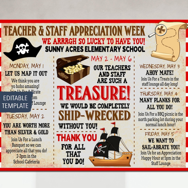Pirate Themed Teacher Appreciation Week Itinerary Poster Printable ...