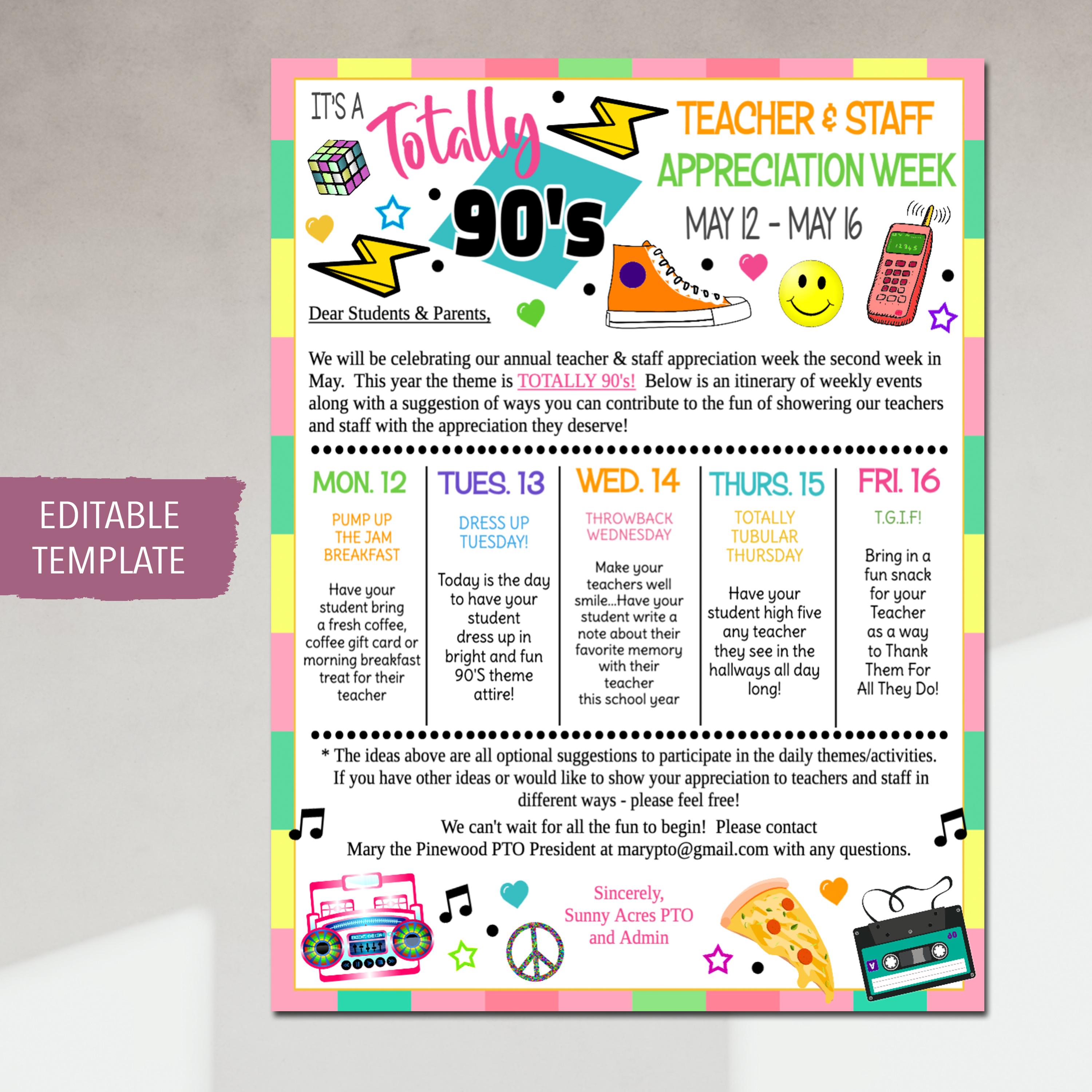 Teacher Appreciation Week Itinerary, Retro Throwback 80s 90s Theme ...