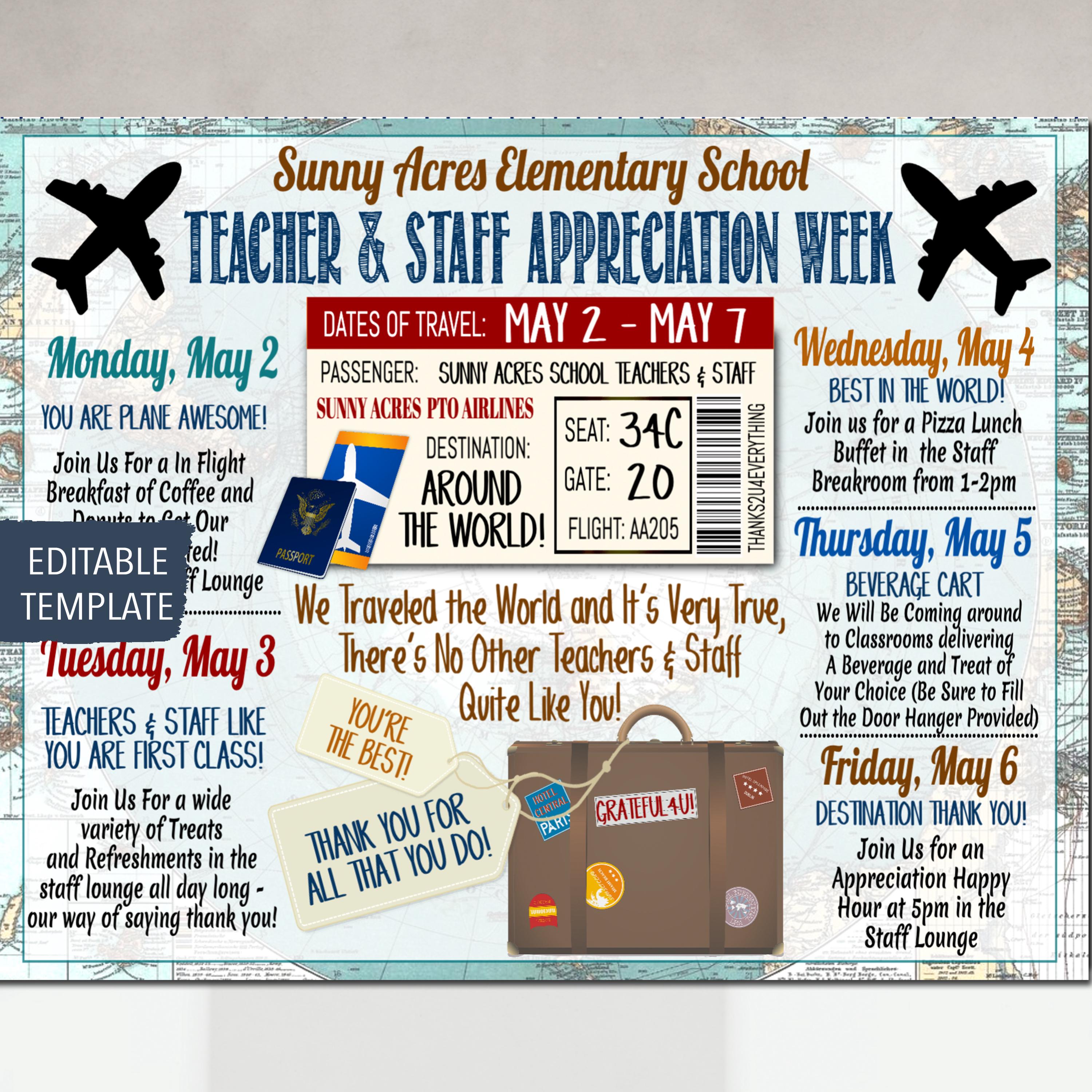 Travel Map Theme Teacher Appreciation Week Itinerary Poster Printable ...