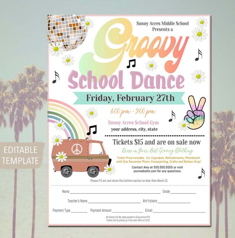 Groovy Retro Dance Theme Template Printable High School Formal, 60's 70 ...