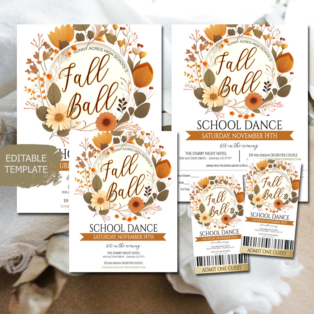 Fall Ball Dance Theme Template Set Printable High School Formal, Autumn ...