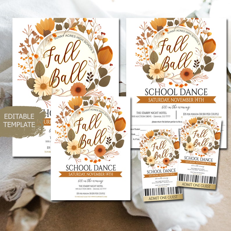 Fall Ball Dance Theme Template Set Printable High School Formal, Autumn ...
