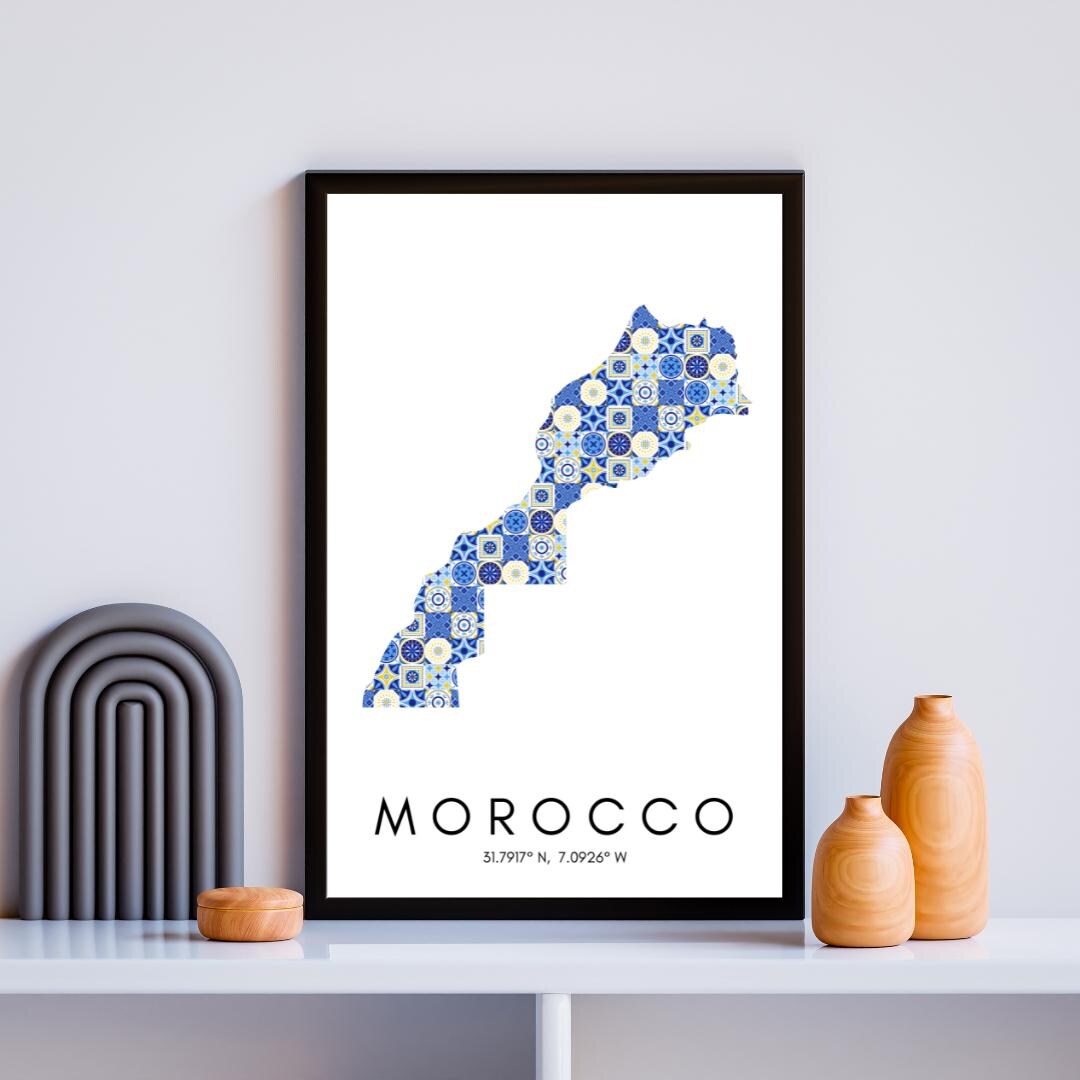 Morocco Map Print Minimal Style Pastel Blue Wall Art Morocco Art Print ...