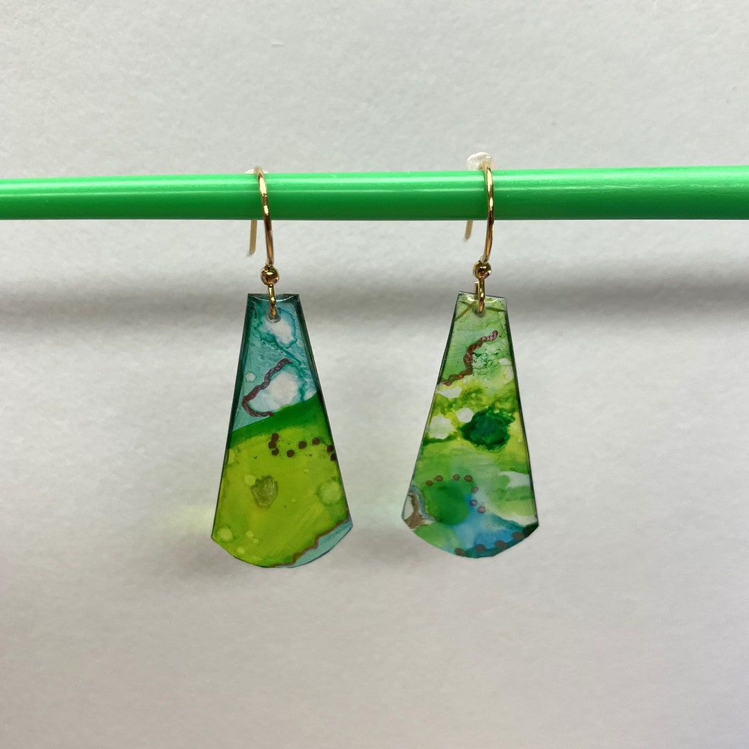 Handmade Dangle Earrings, UV Resin-encased Alcohol Ink Art, Stained ...