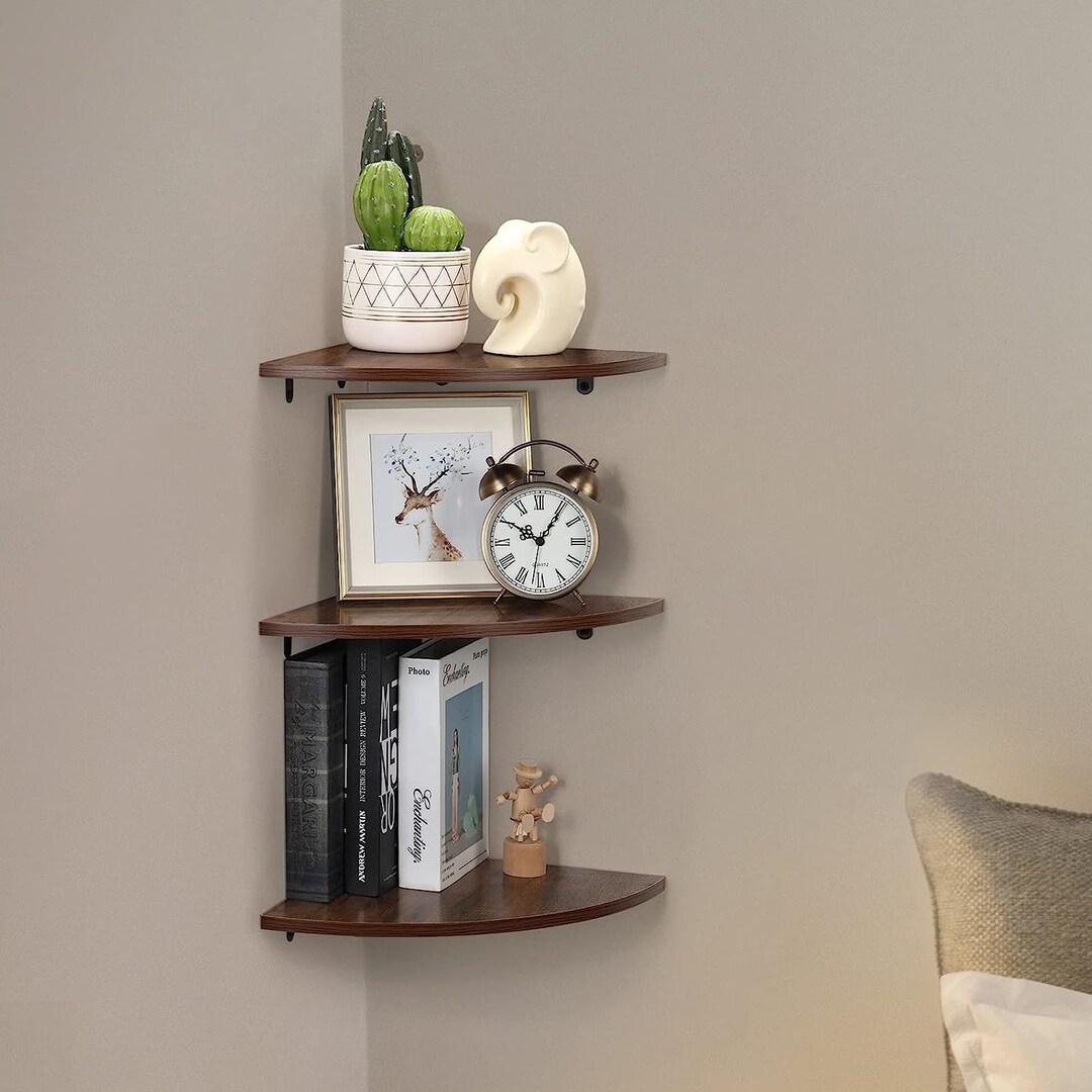 3 Tier Corner Floating Shelves Solid Wood Round Corner - Etsy