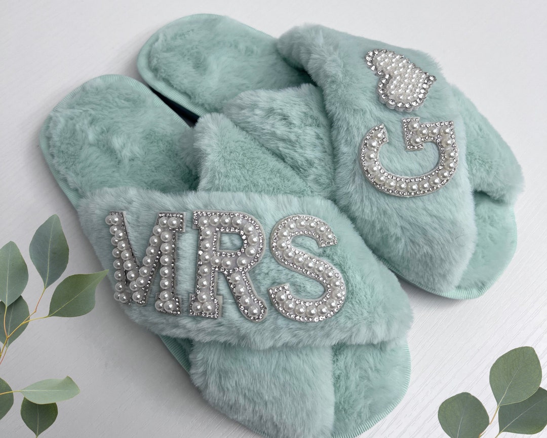 Custom Mrs Fluffy Slippers With Pearls Letters, Personalized Gift for ...