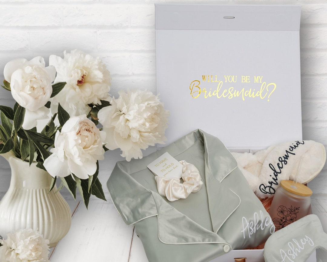 Sage Bridesmaid Proposal Gift Box With Pjs, Sleep Mask, Scrunchies ...