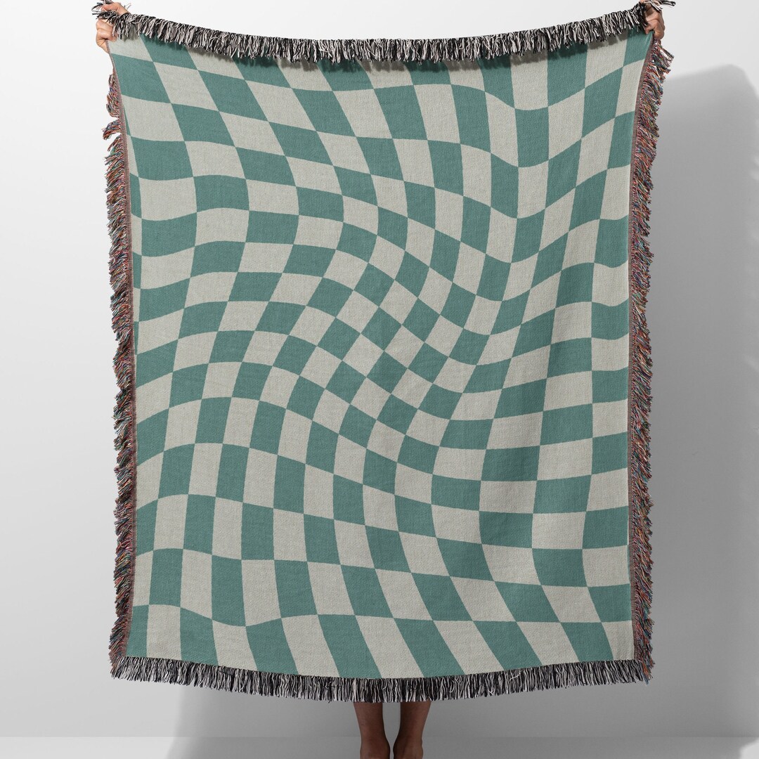 Teal Turquoise Wavy Checker Throw Blanket Modern Checkered Woven ...