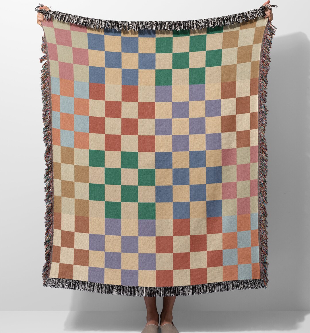 Retro Purple, Green, Coral Checker Throw Blanket Checkered Woven ...