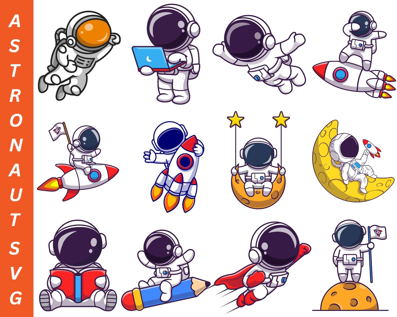 Astronaut SVG Bundle: Space Clipart, Planet Silhouette (digital ...