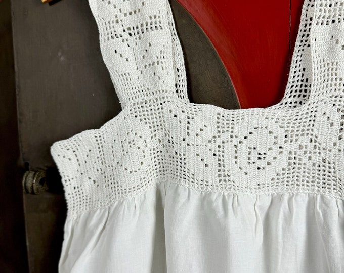 Antique Italian Nightdress, Handmade Filet Crochet Lace Yoke, White ...