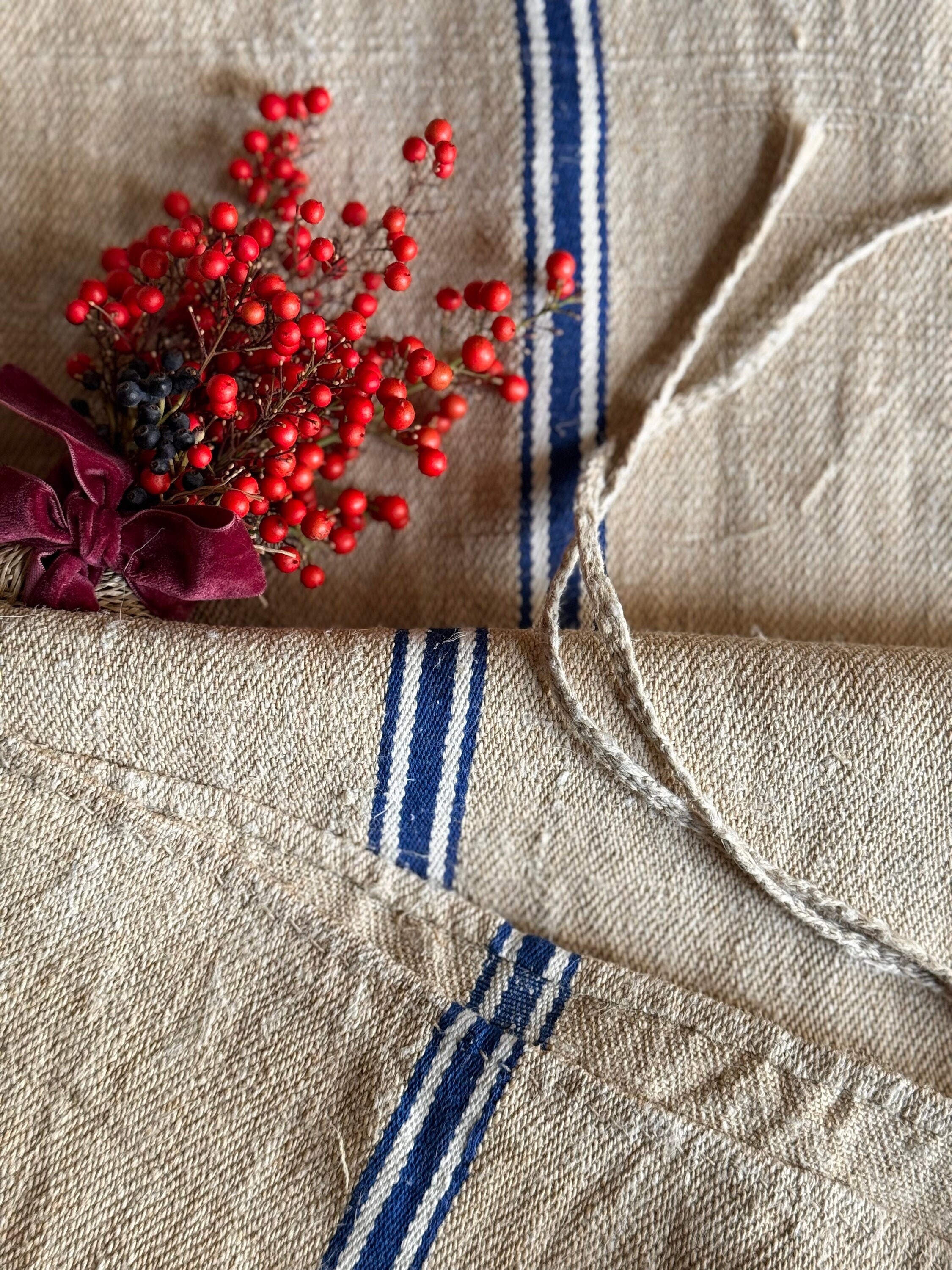 Antique Grain Sack With Central Blue/white Stripes - Homespun/handwoven ...