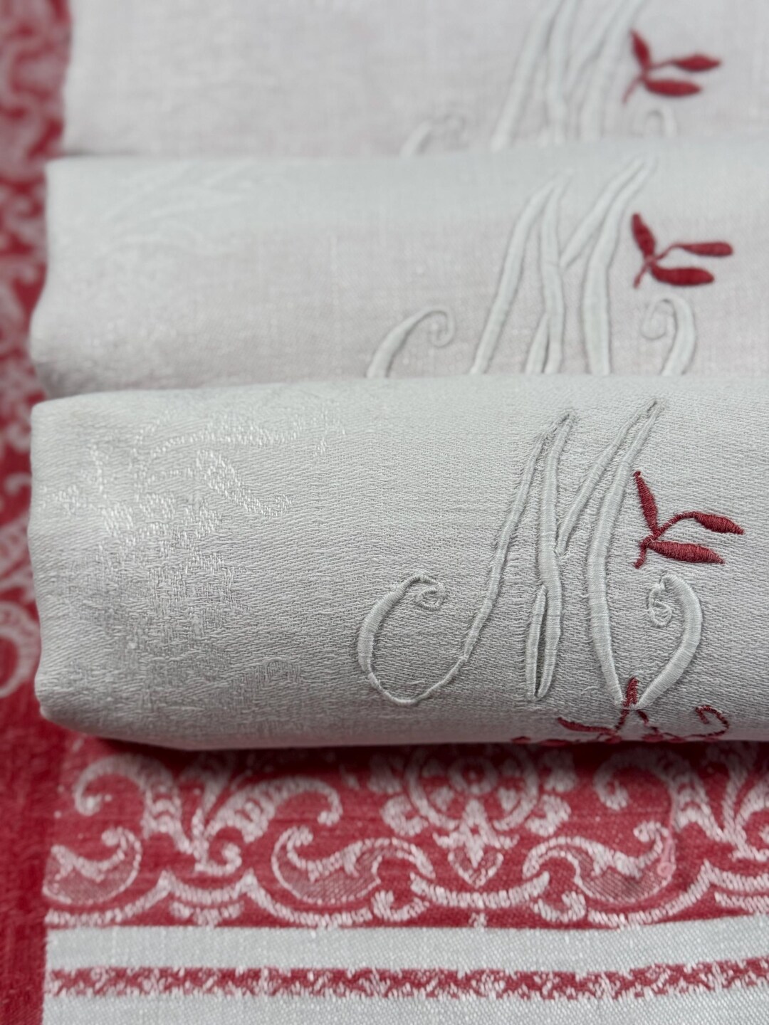 Antique Set of 8 French Napkins | Red and White Damask Linen | Handmade ...