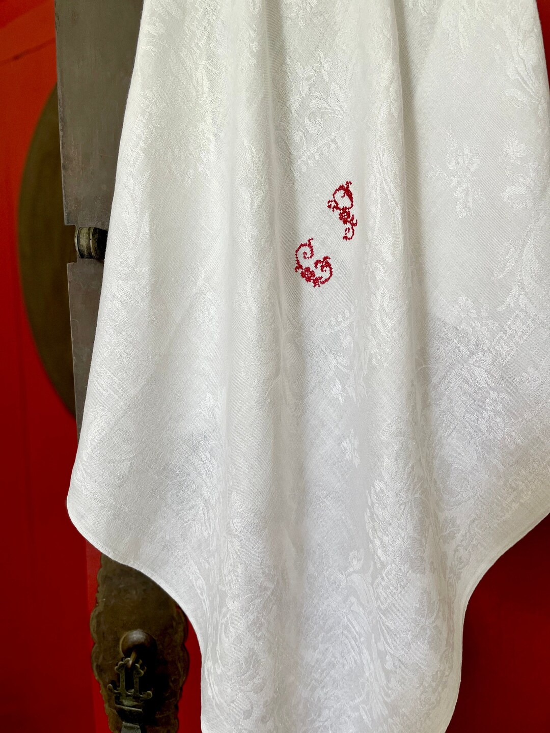 Antique French DAMASK Napkin/torchon - 100% Linen - Red Monogram CP ...