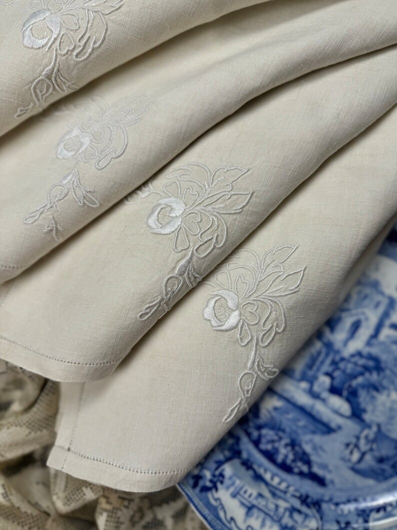 Four (4) Vintage Italian Table Napkins, Handmade Embroidery, Ecru Fine ...