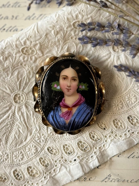 1800s Victorian Hand-painted Brooch, Porcelain, Lady … - Gem