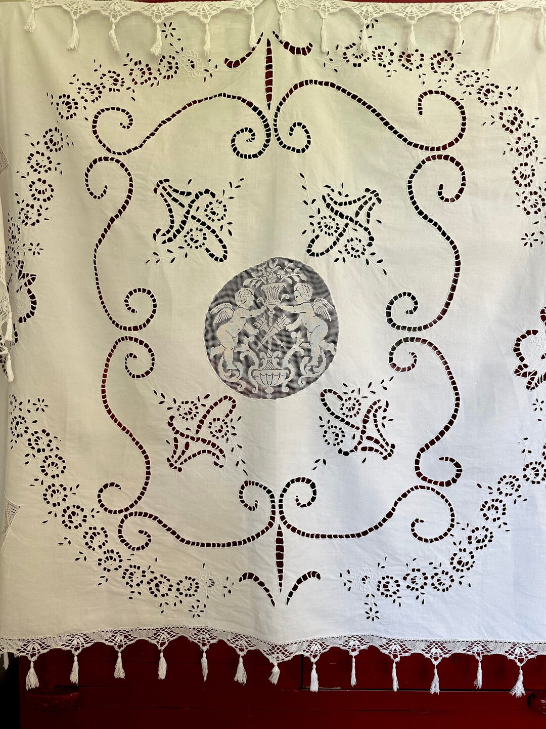 Antique French Tablecloth or Curtain, White Linen, Handmade Richelieu ...