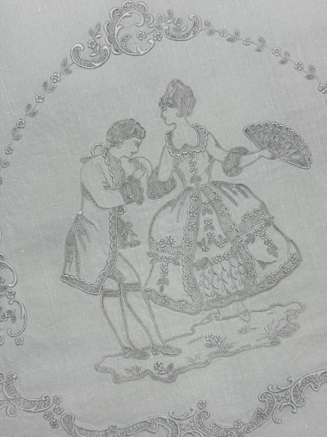 Antique Appenzell Embroidery With Romantic Scene, Extraordinary ...