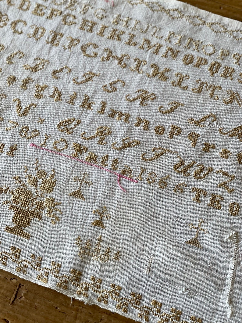 Italian 1866 Embroidery Sampler, Dated and Signed, Gold Cross Stitch ...