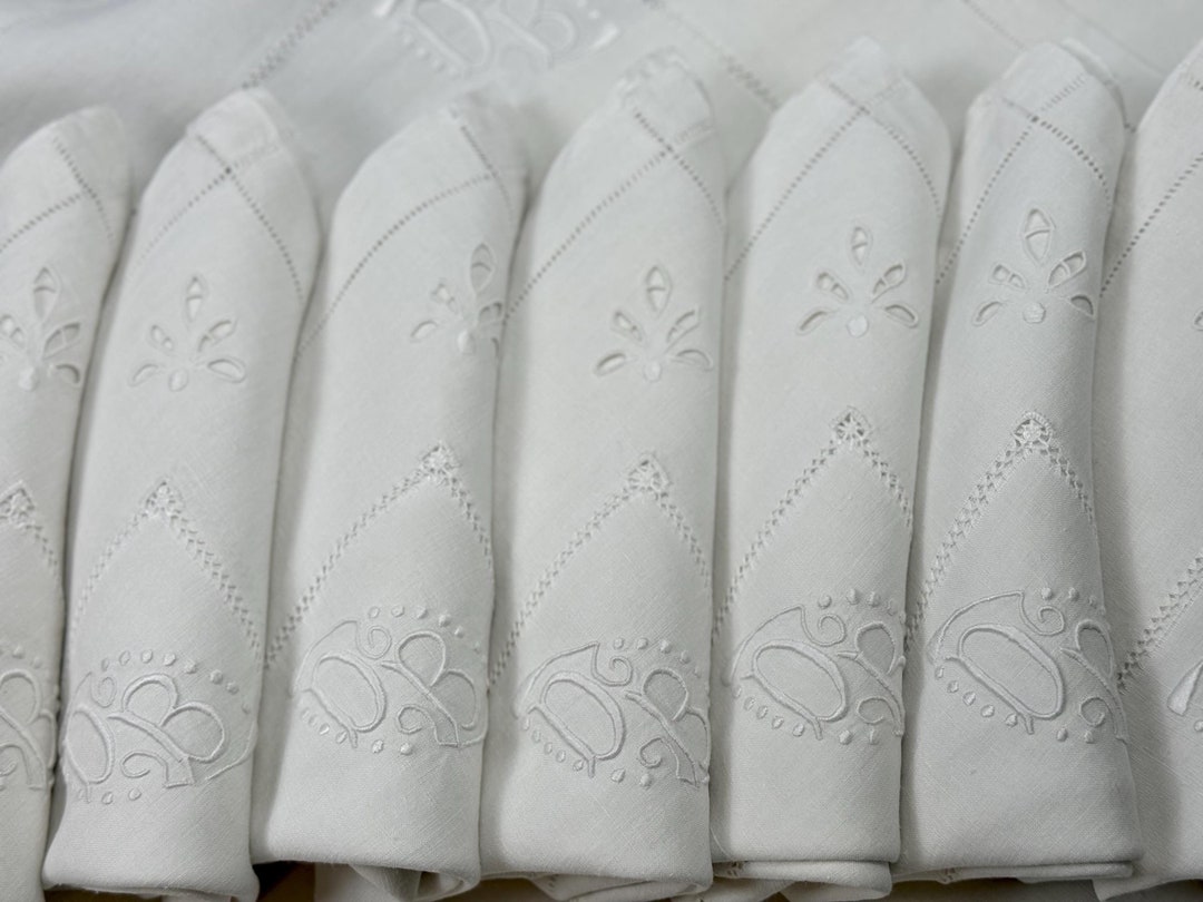 1930s Set of 12 French Linen Napkins, Handmade Embroidery, DB Monograms ...
