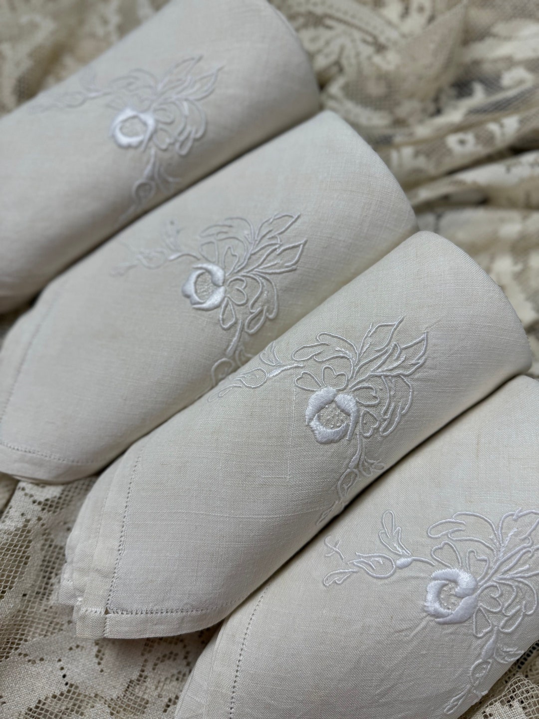 Four (4) Vintage Italian Table Napkins, Handmade Embroidery, Ecru Fine ...