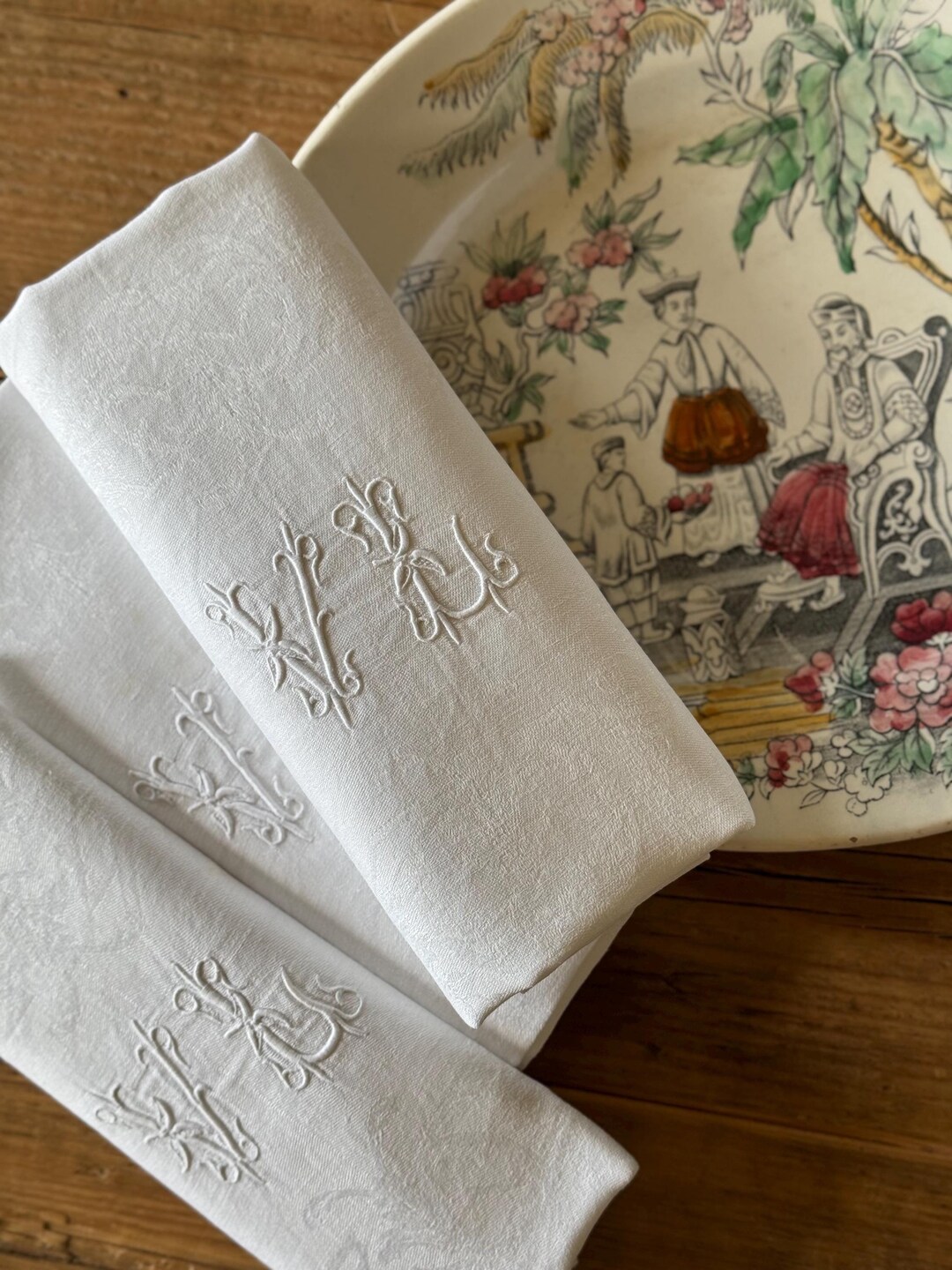 1800s Set of 6 French Napkins, White Silky Damask Linen, Handmade VL ...