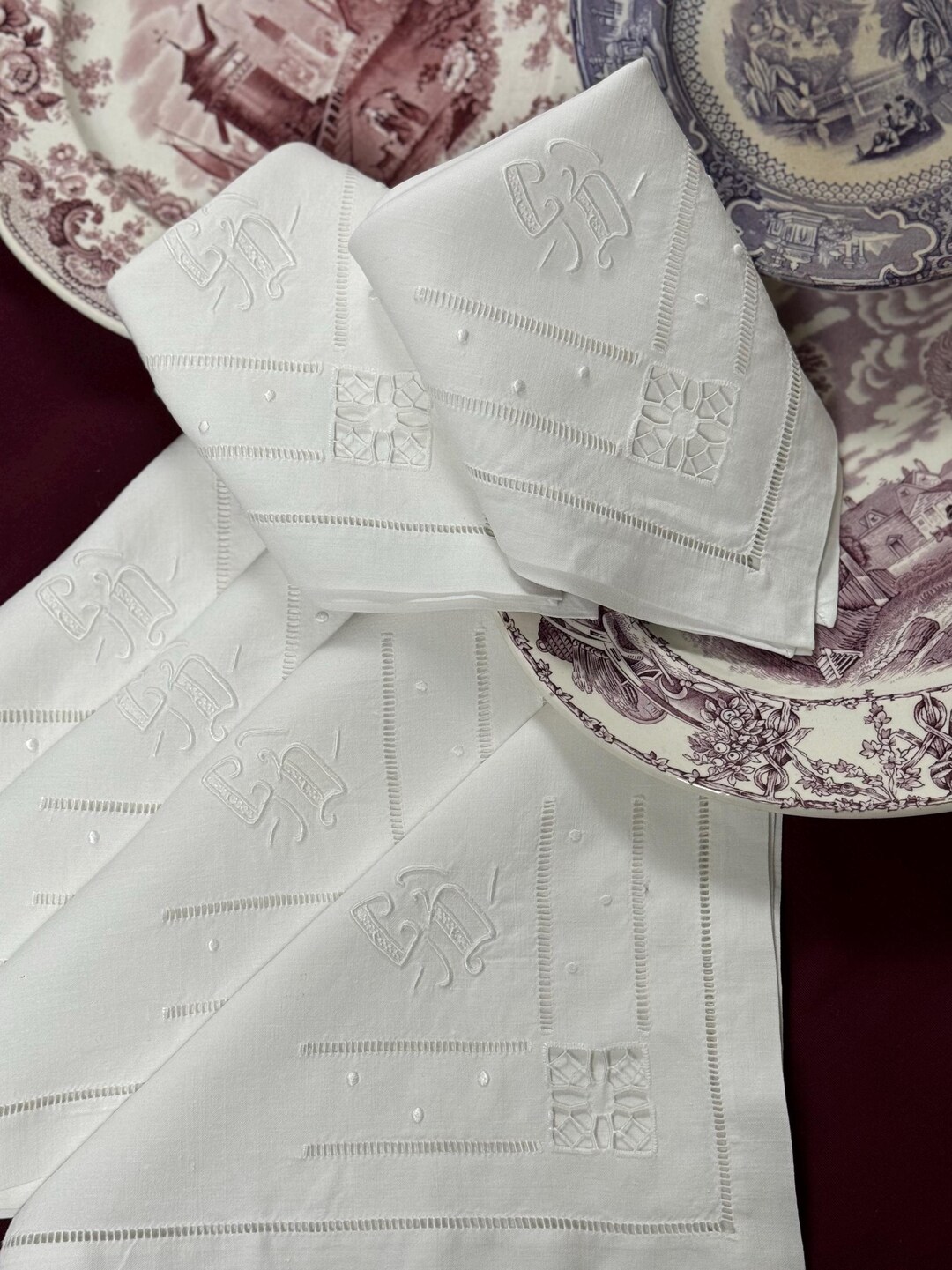 1940s Set of Six (6) French Napkins, White Linen, Handmade Monogrammed ...
