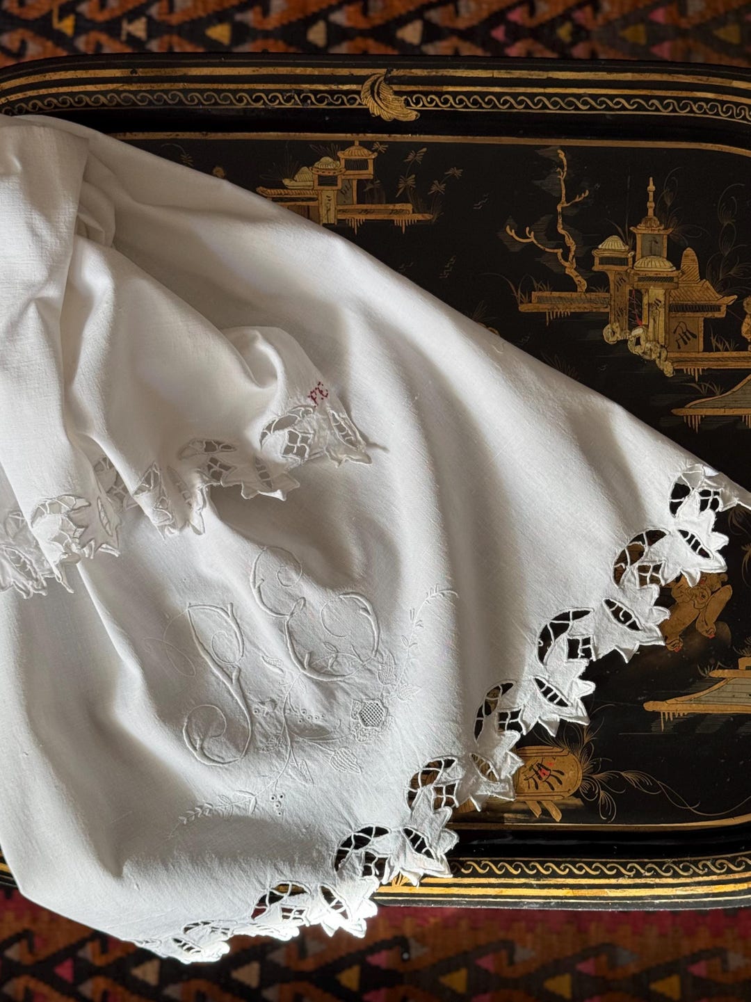 19th Century Italian Linen Towel, Handmade Embroidery, PE Monograms ...